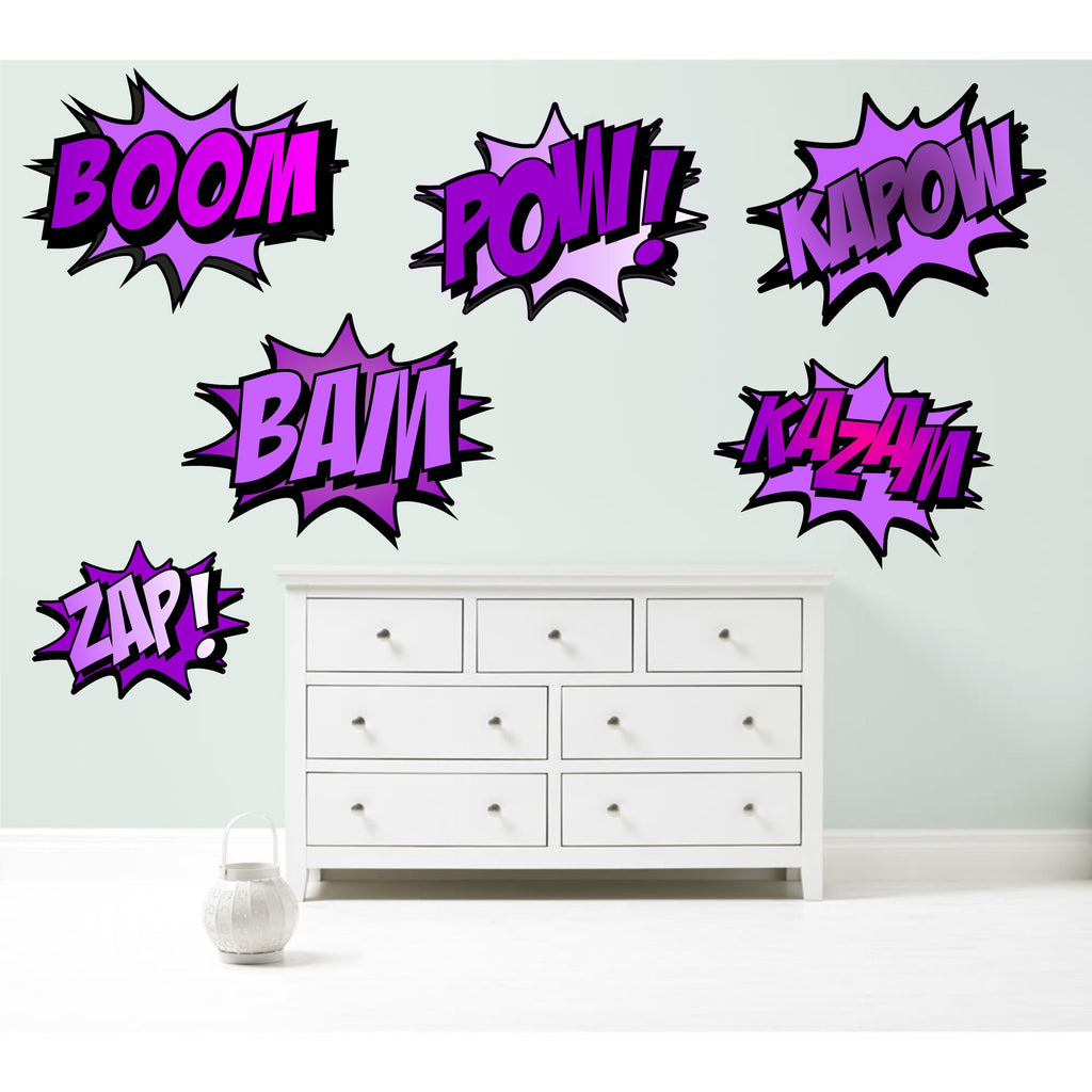 Superhero COMIC WORDS RETRO KAPOW BOOM ZAP BAM Purple Wall Art Sticker ...